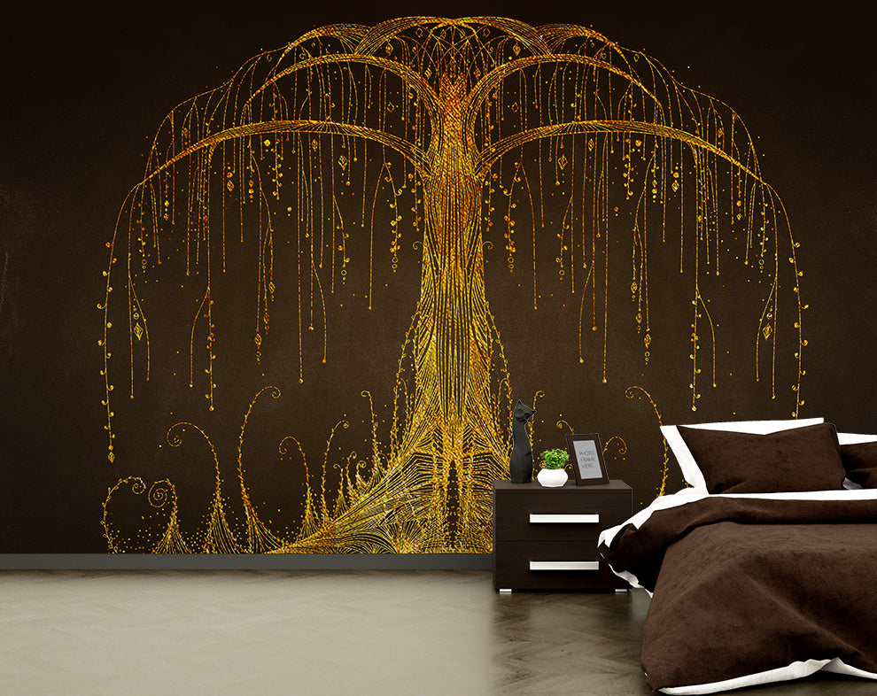 Abstract Golden Tree Mural Wallpaper – Home Decoram