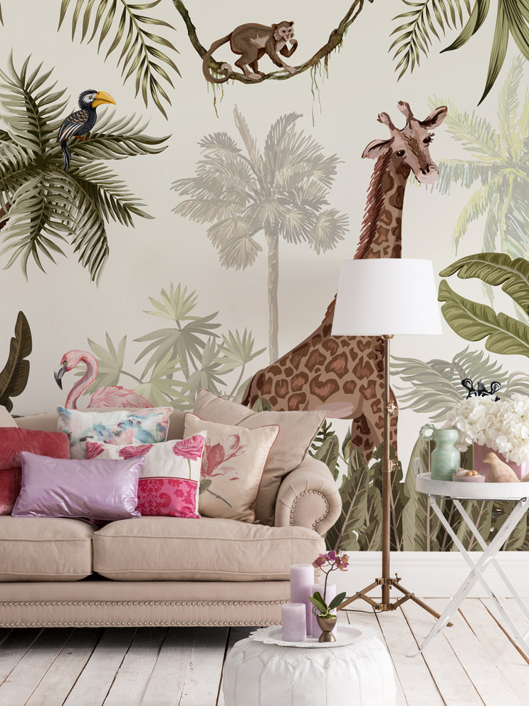 Antique Forest Drawing Wallpaper For Living Room Jungle Animals Waterc ...