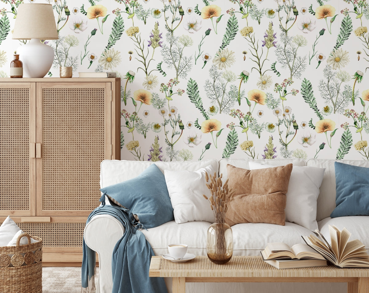 Hand Drawn Wild Flowers Botanical Wallpaper Wall Design – Home Decoram
