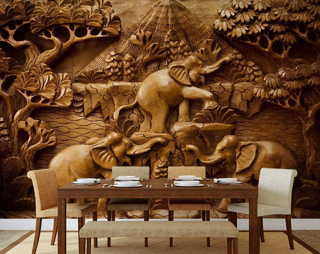 3D Soil Sculpture Playing Elephants Wall Mural Wallpaper – Home Decoram