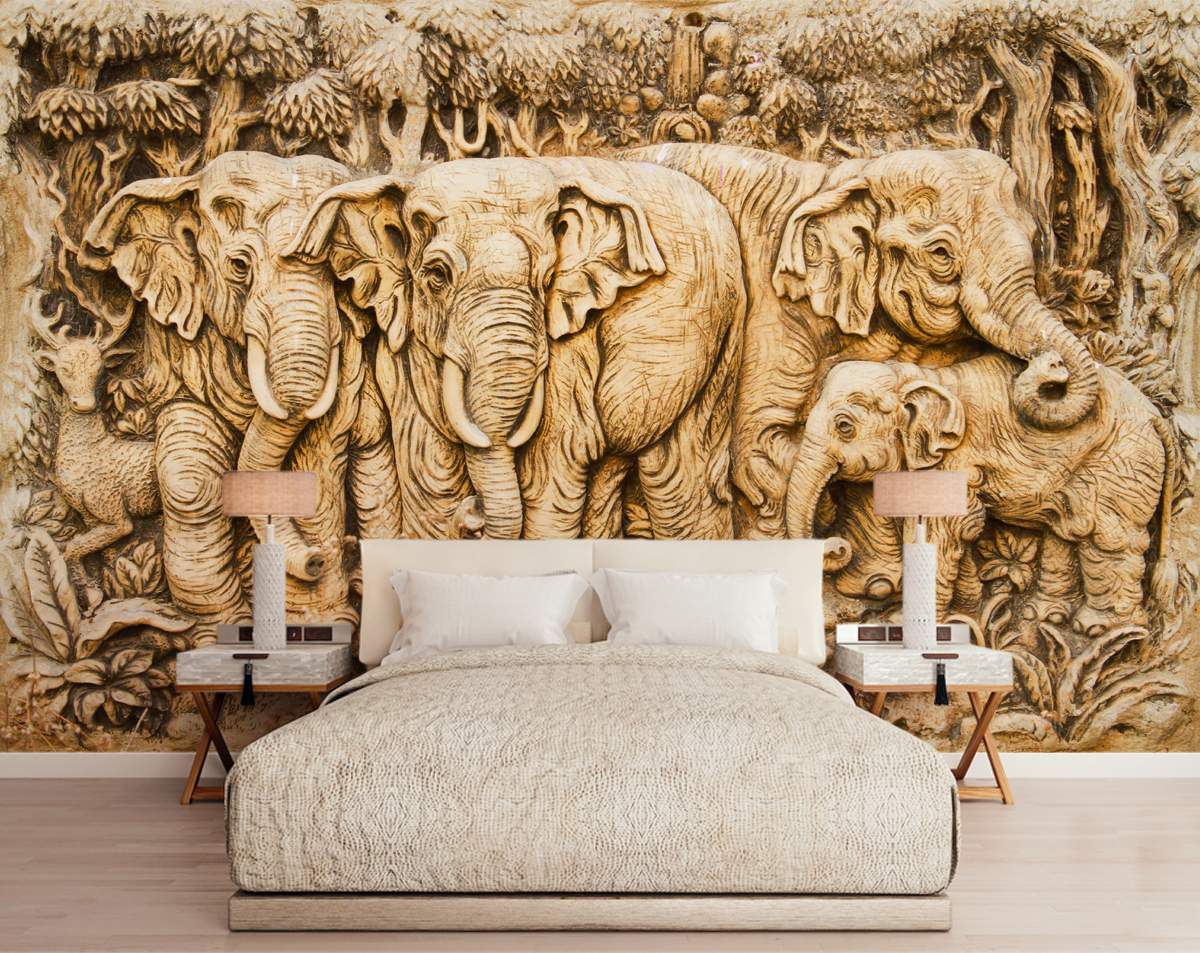 3D Gold Elephants Wall Mural Wallpaper – Home Decoram