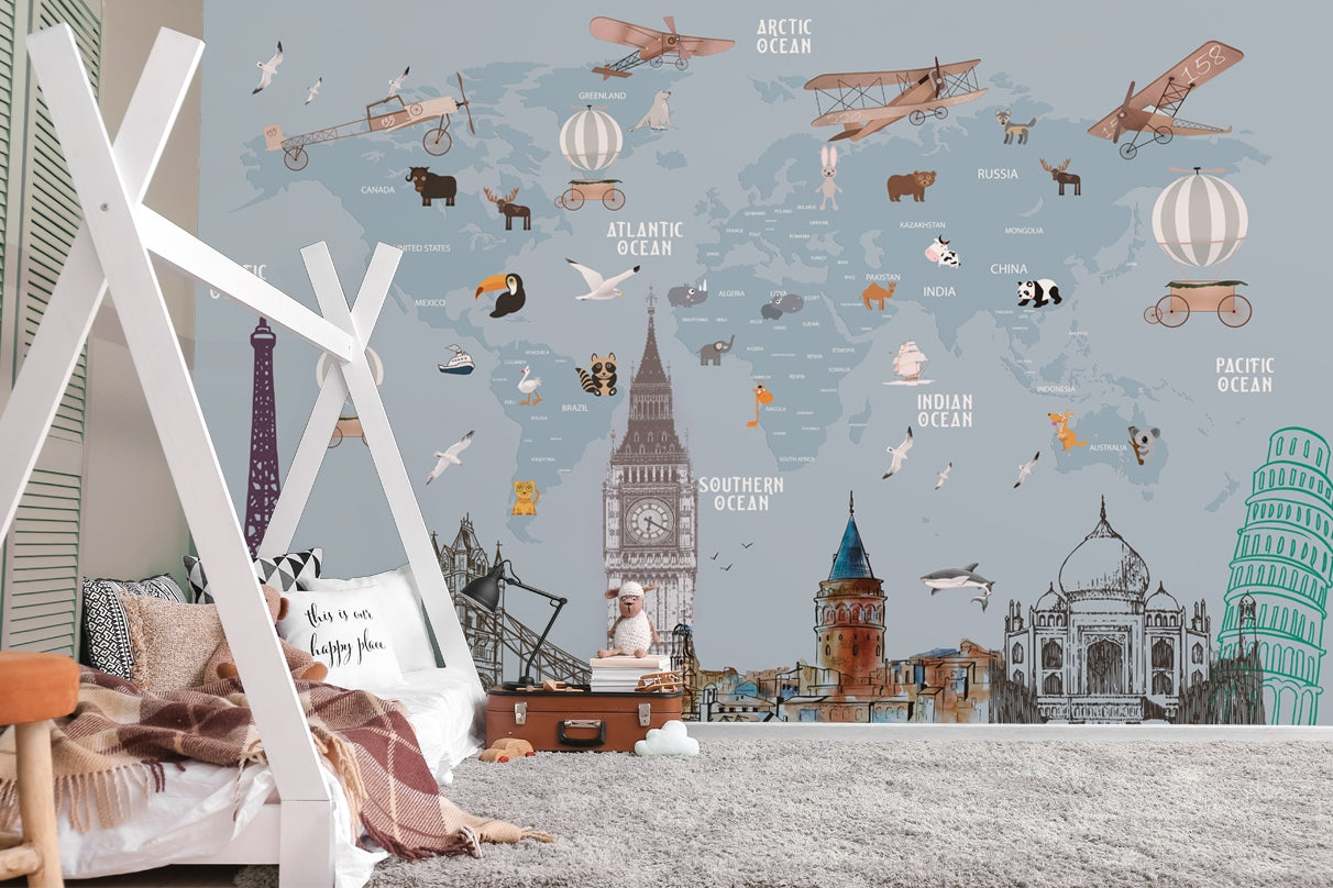 World's Famous Architectural Structures and Building with World Map Wa ...