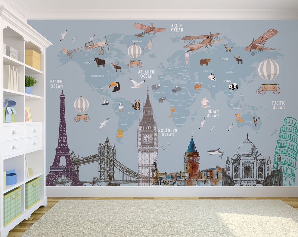 World's Famous Architectural Structures and Building with World Map Wa ...